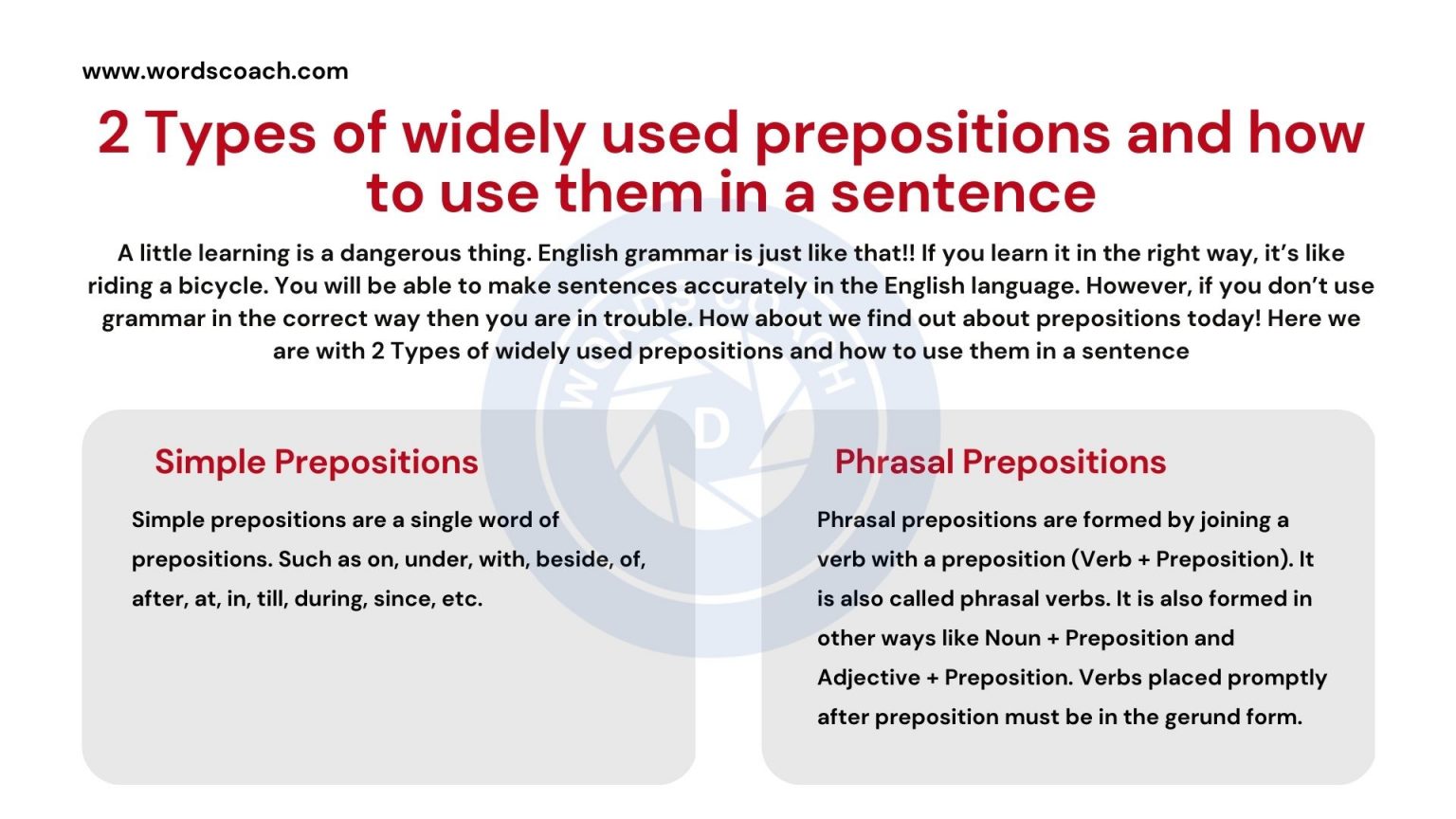 2 Types of widely used prepositions and how to use them in a sentence
