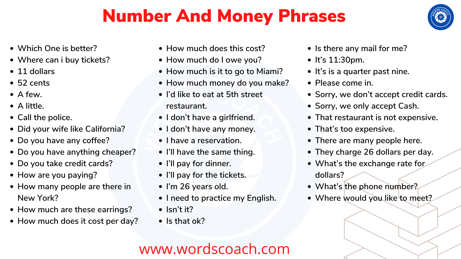 Number And Money Phrases - Word Coach