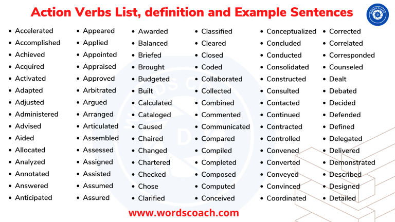 Action Verbs List, definition and Example Sentences - Word Coach