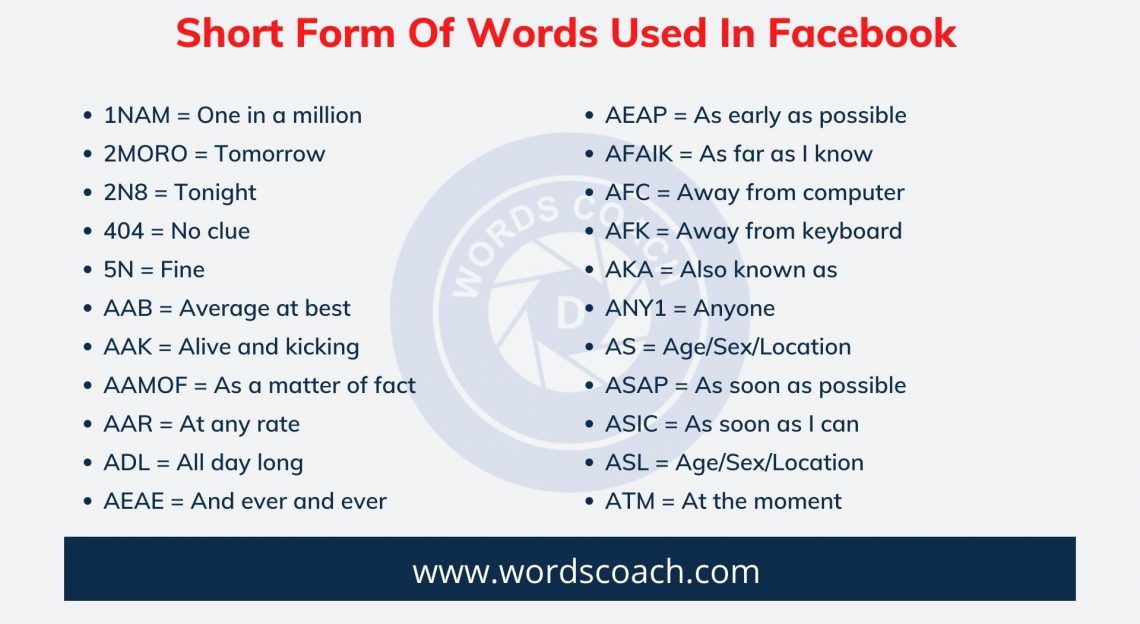 Short Form Of Words Used In Facebook - Word Coach