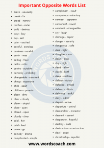 Important Opposite Words List - Word Coach