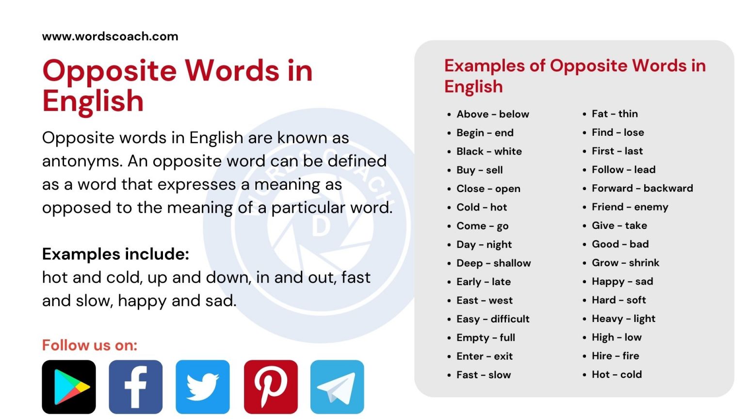 Opposite Words in English, 100+ Examples of Opposite Words in English ...