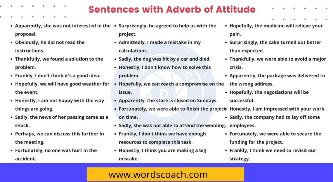 100+ Sentences with Adverb of Attitude in English - Word Coach