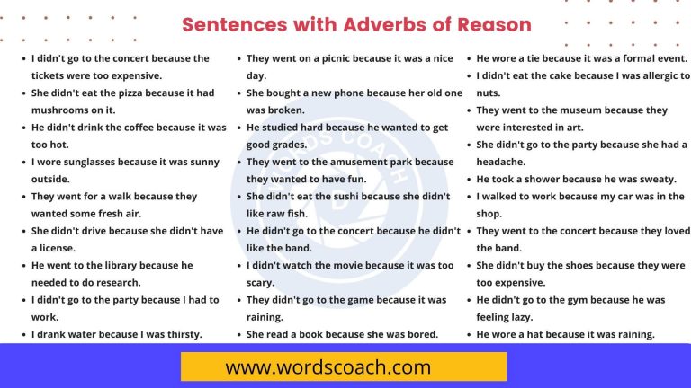100+ Sentences with Adverb of Reason in English - Word Coach