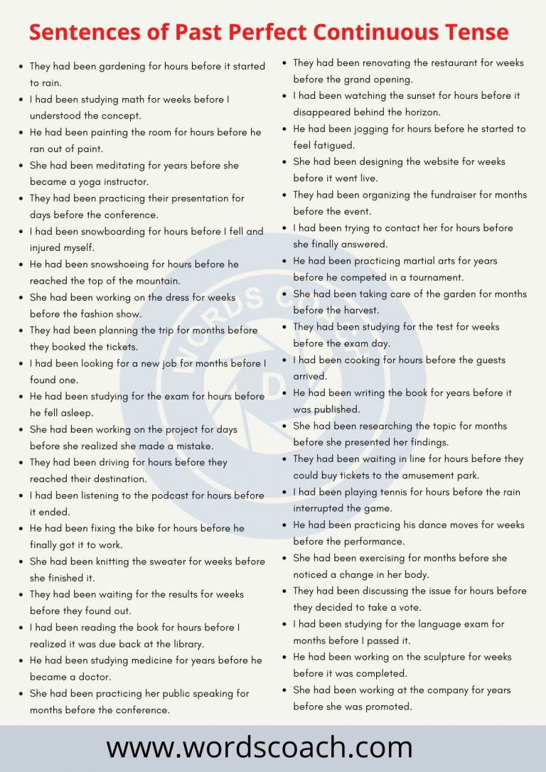 100 Sentences of Past Perfect Continuous Tense, Examples of Past ...