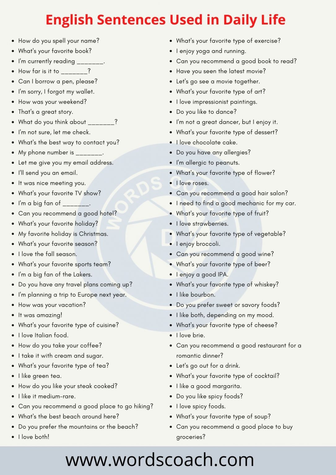 200 English Sentences Used in Daily Life - Word Coach