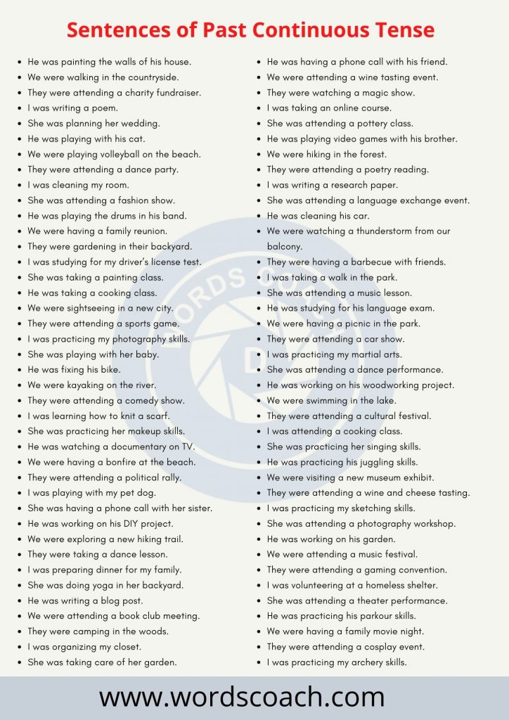 200 Sentences of Past Continuous Tense, Examples of Past Progressive ...
