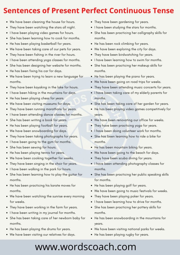 200 Sentences of Present Perfect Continuous Tense, Examples of Present ...